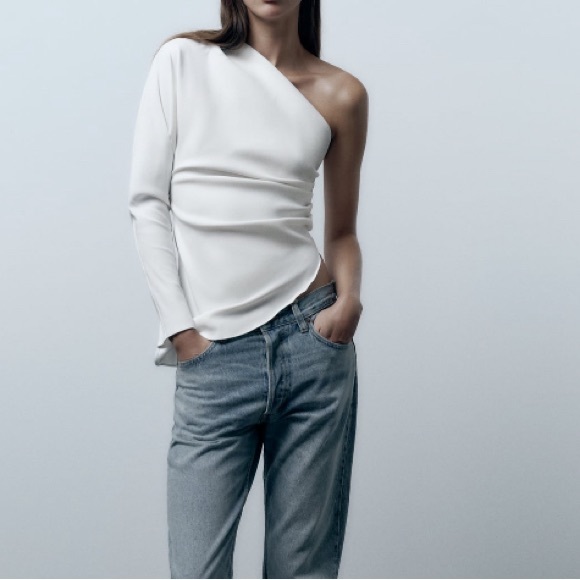 Zara | Tops | Zara White Ruched Asymmetric Top | Poshmark